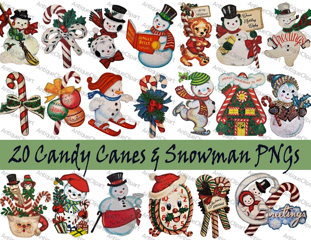 Retro Glitter Candy Cane Snowman PNG Clipart Bundle, Christmas Vintage ...