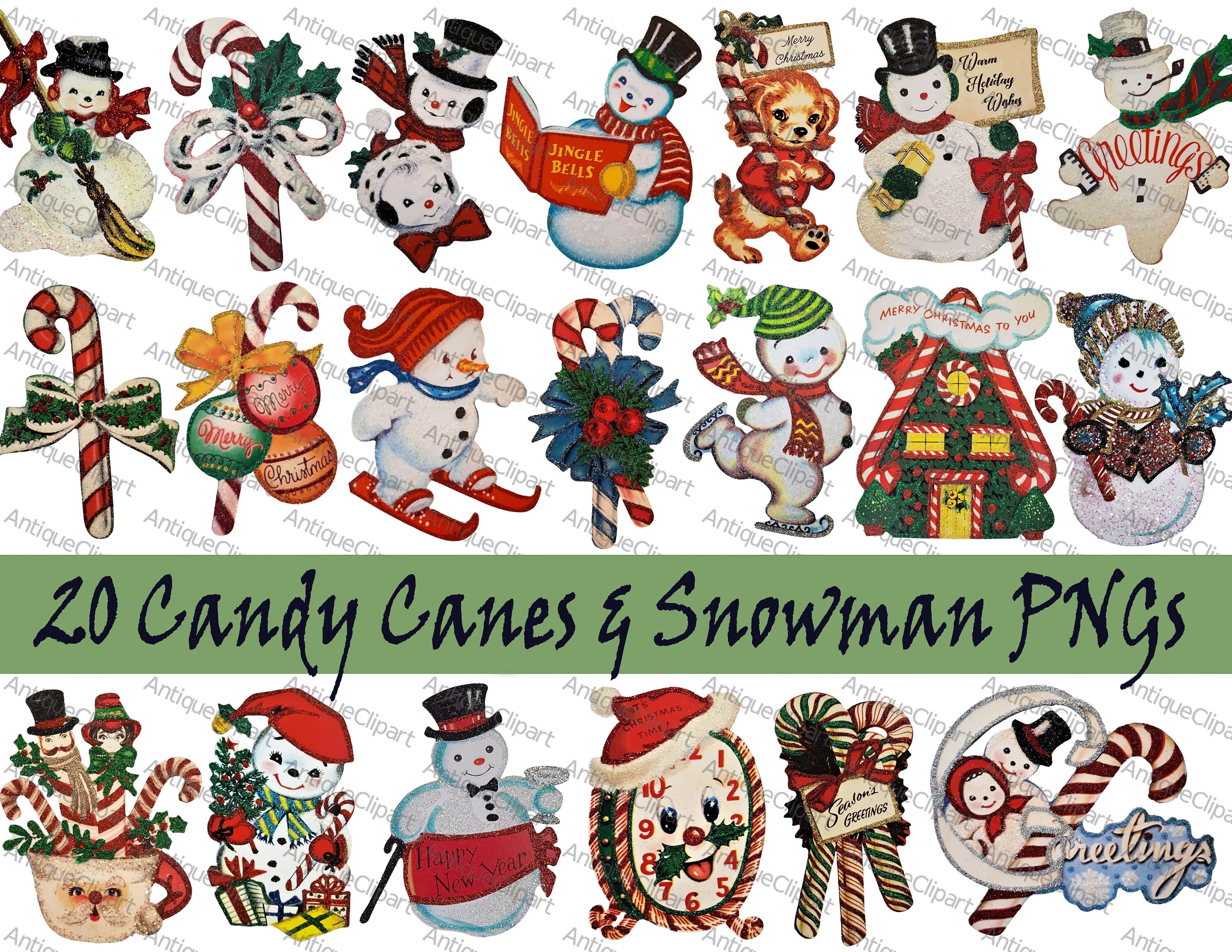 Vintage Christmas Clipart Bundle, Candy Cane, Snowman PNG (digital ...