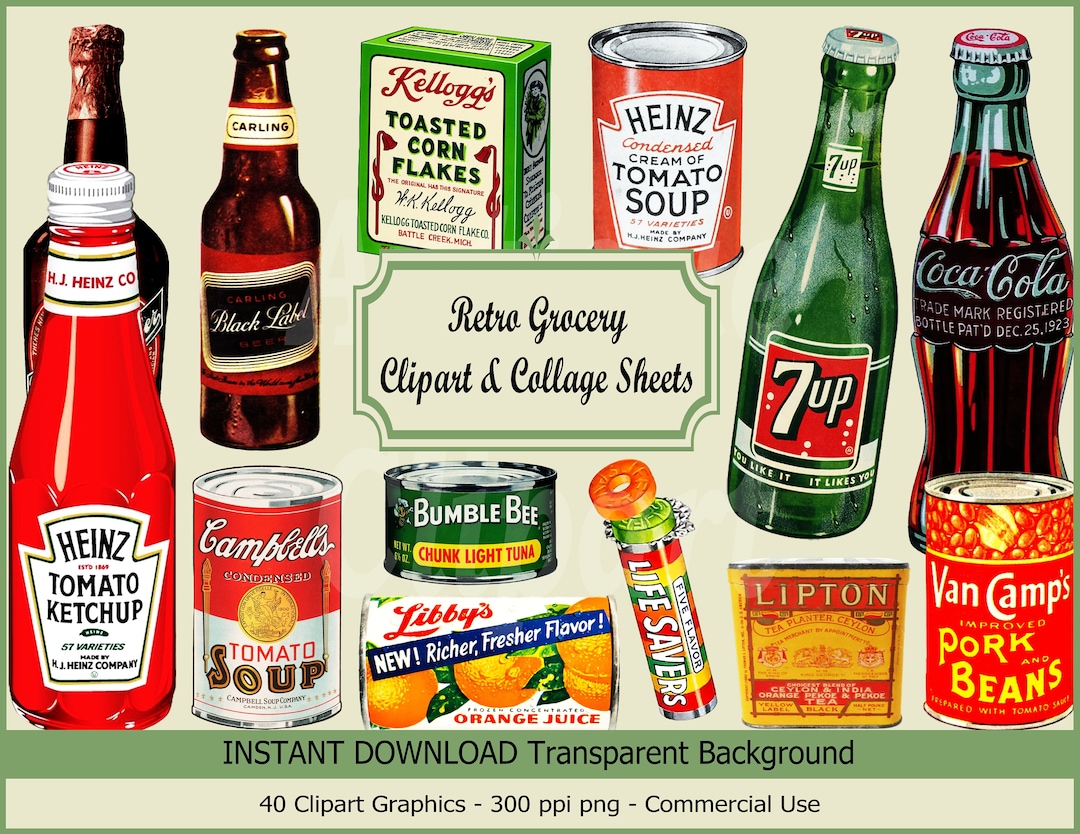 Retro Food Clipart: Vintage Grocery Graphics, Collage Sheets (digital ...