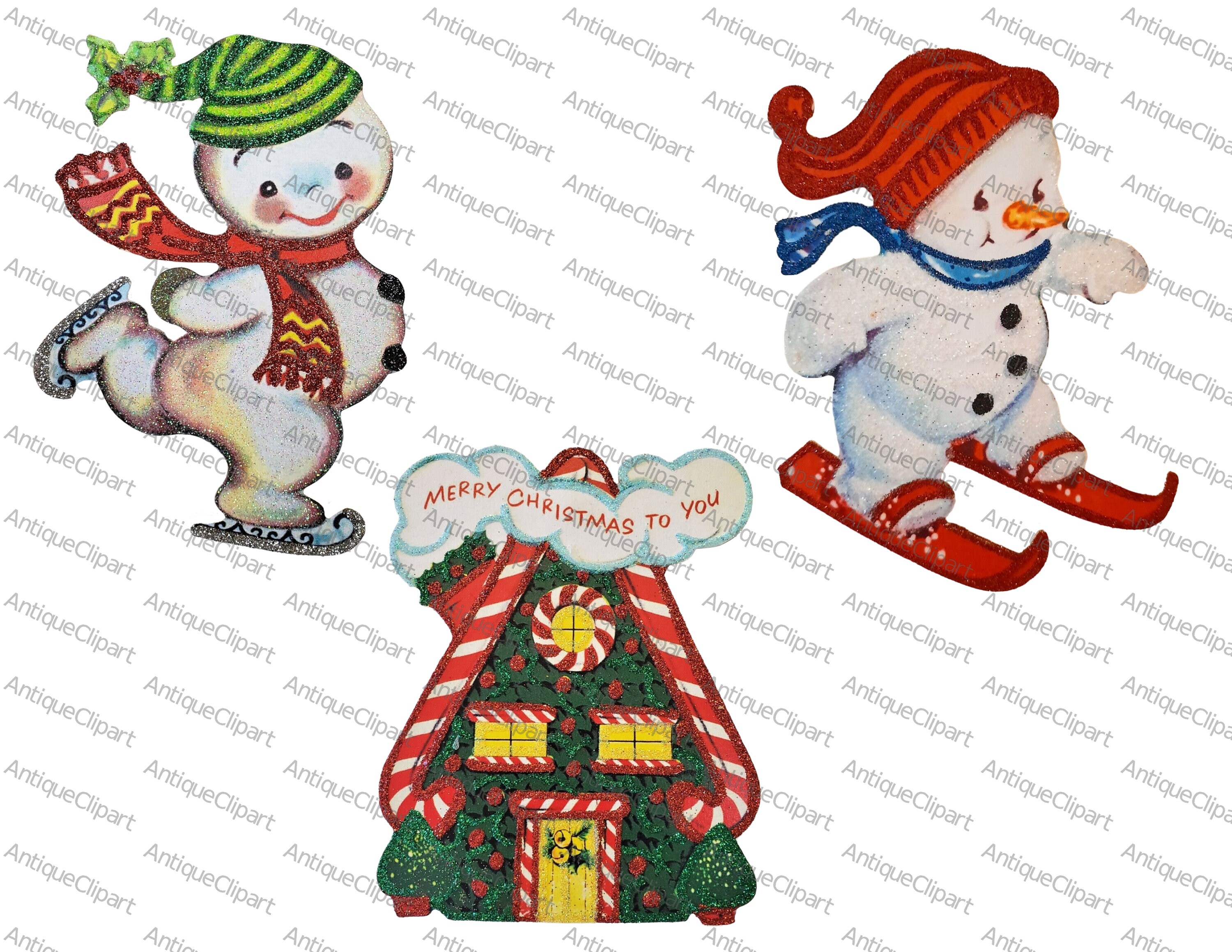 Retro Glitter Candy Cane Snowman PNG Clipart Bundle, Christmas Vintage ...