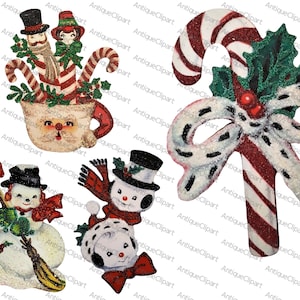 Retro Glitter Candy Cane Snowman PNG Clipart Bundle, Christmas Vintage ...