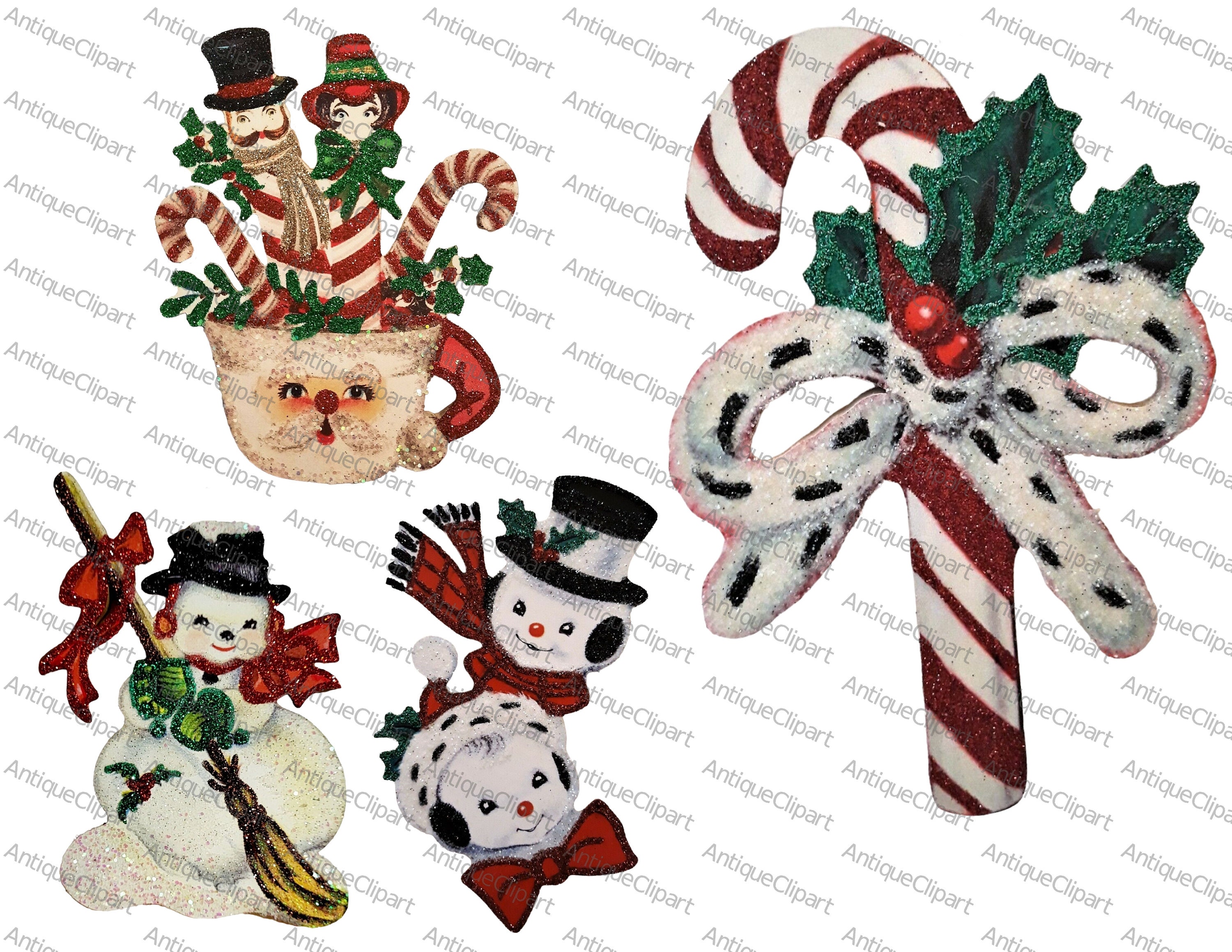 Retro Glitter Candy Cane Snowman PNG Clipart Bundle, Christmas Vintage ...
