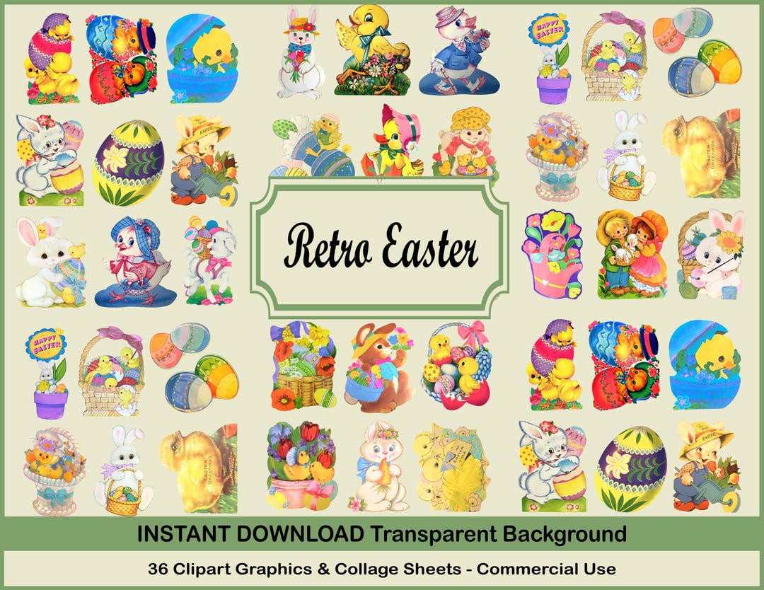 Retro Easter Clipart: Vintage Bunny & Egg PNG Images (digital Download ...