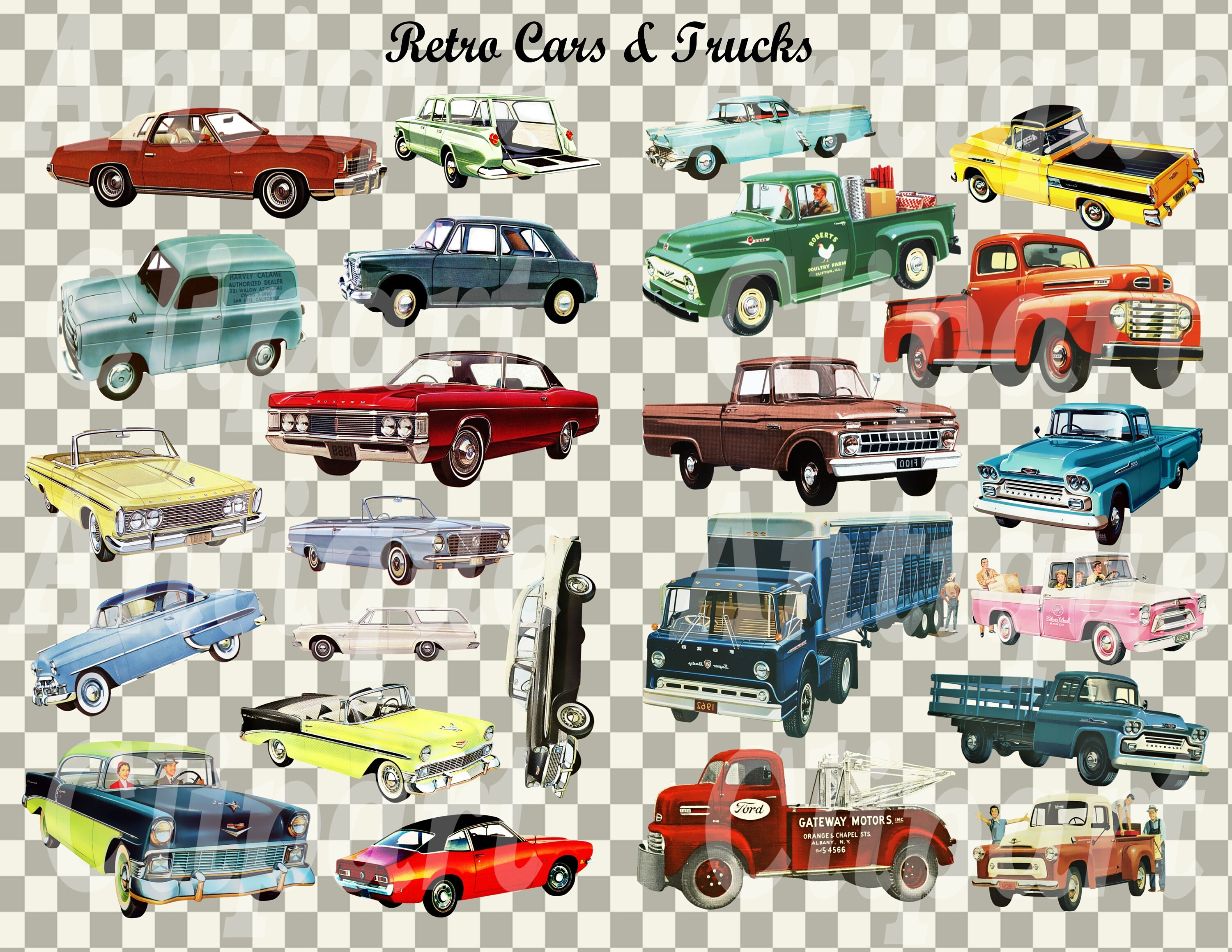 Retro Cars and Trucks Clip Art Vintage Antique Digital Download Collage ...