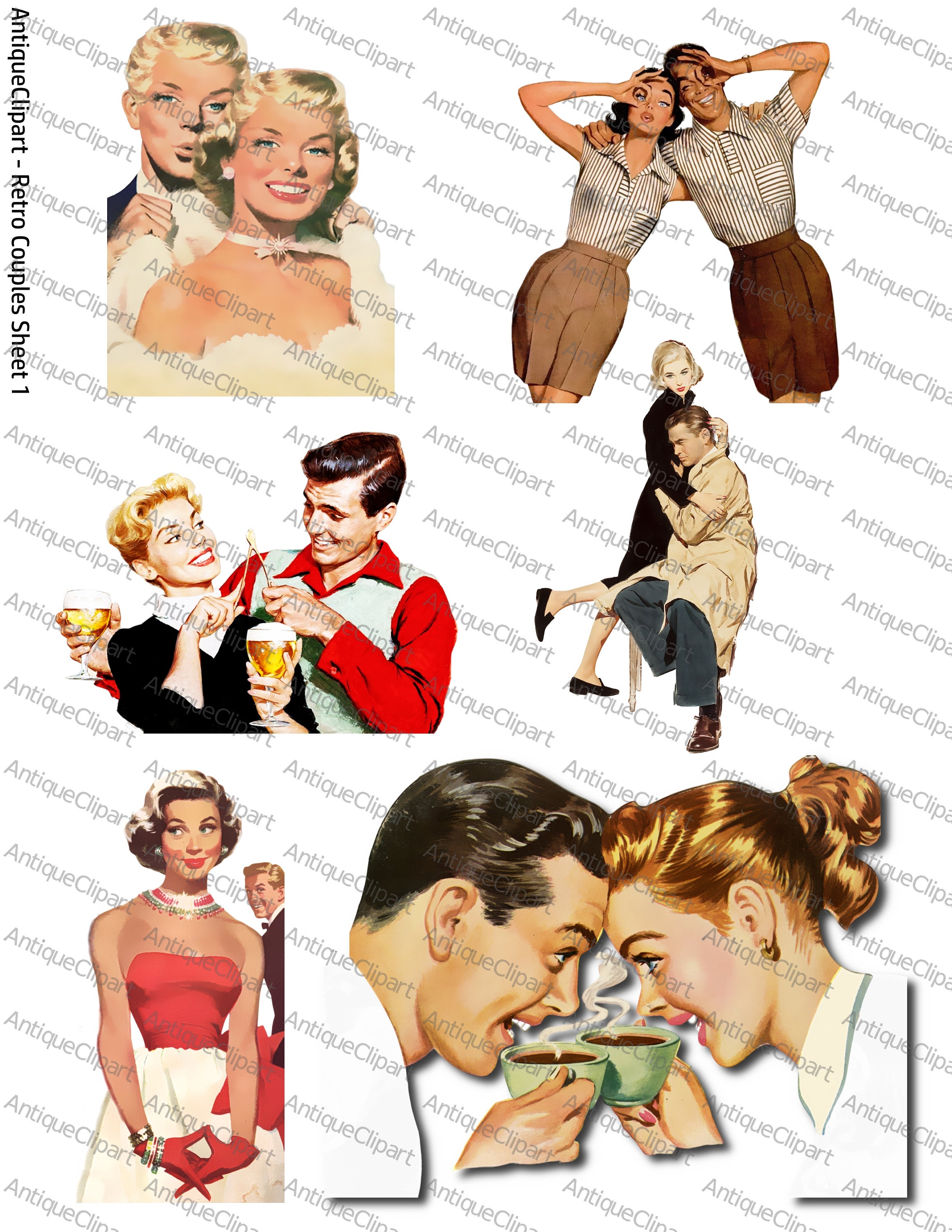 Retro Couples Clipart: Vintage Illustrations & Collage Sheets (digital ...