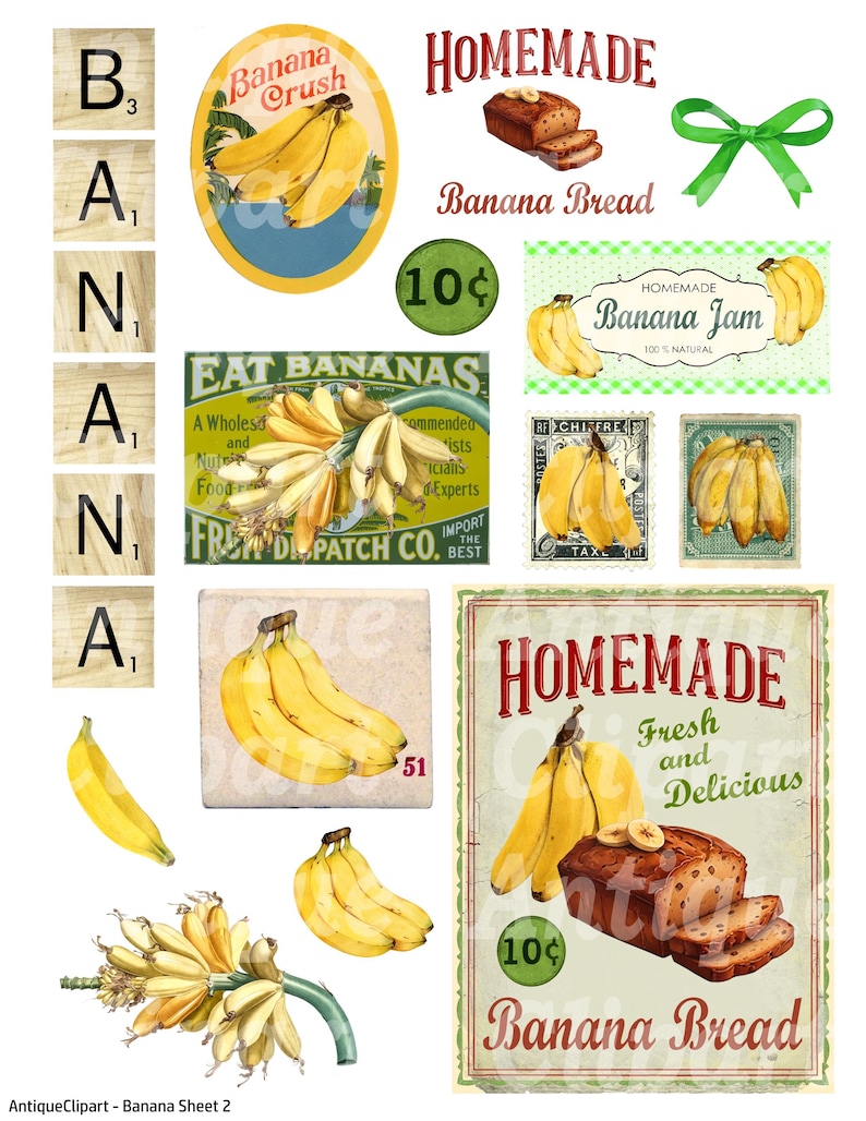Vintage Banana Cliparts: Fruit Ephemera, Collage Sheets (PNG, JPEG) - Etsy
