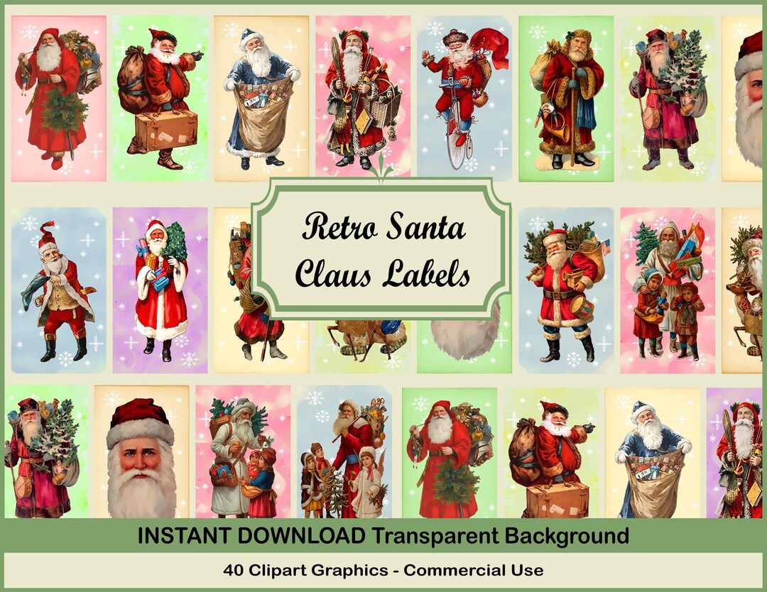 Retro Christmas Santa Labels: Printable Scrapbook Ephemera (digital ...