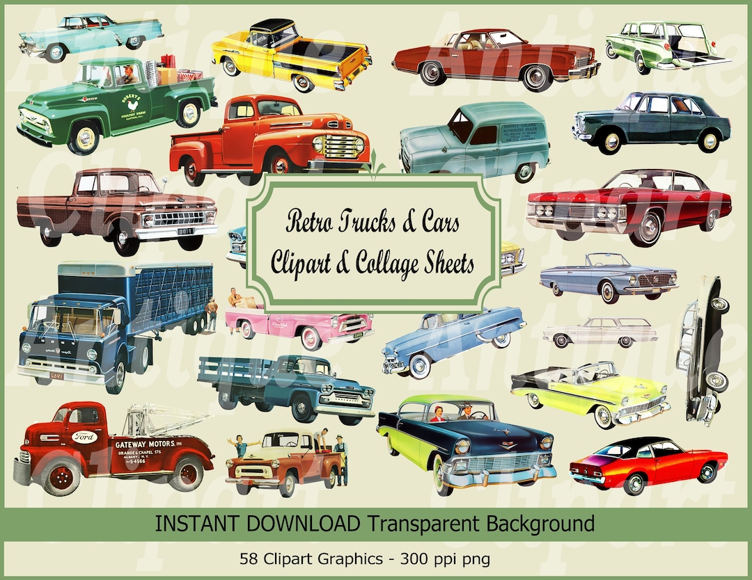 Retro Cars and Trucks Clip Art Vintage Antique Digital Download Collage ...