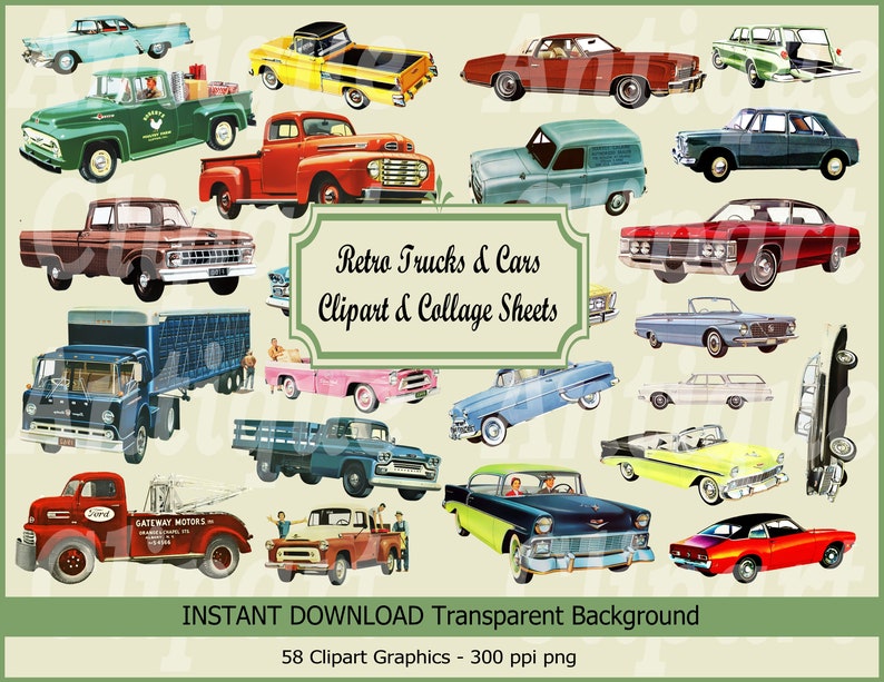 Retro Cars and Trucks Clip Art Vintage Antique Digital Download Collage ...