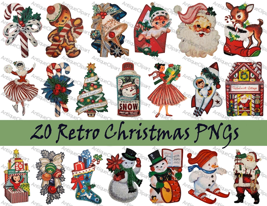 Vintage Christmas Clipart, Retro PNG Graphics, Collage Sheets (instant ...