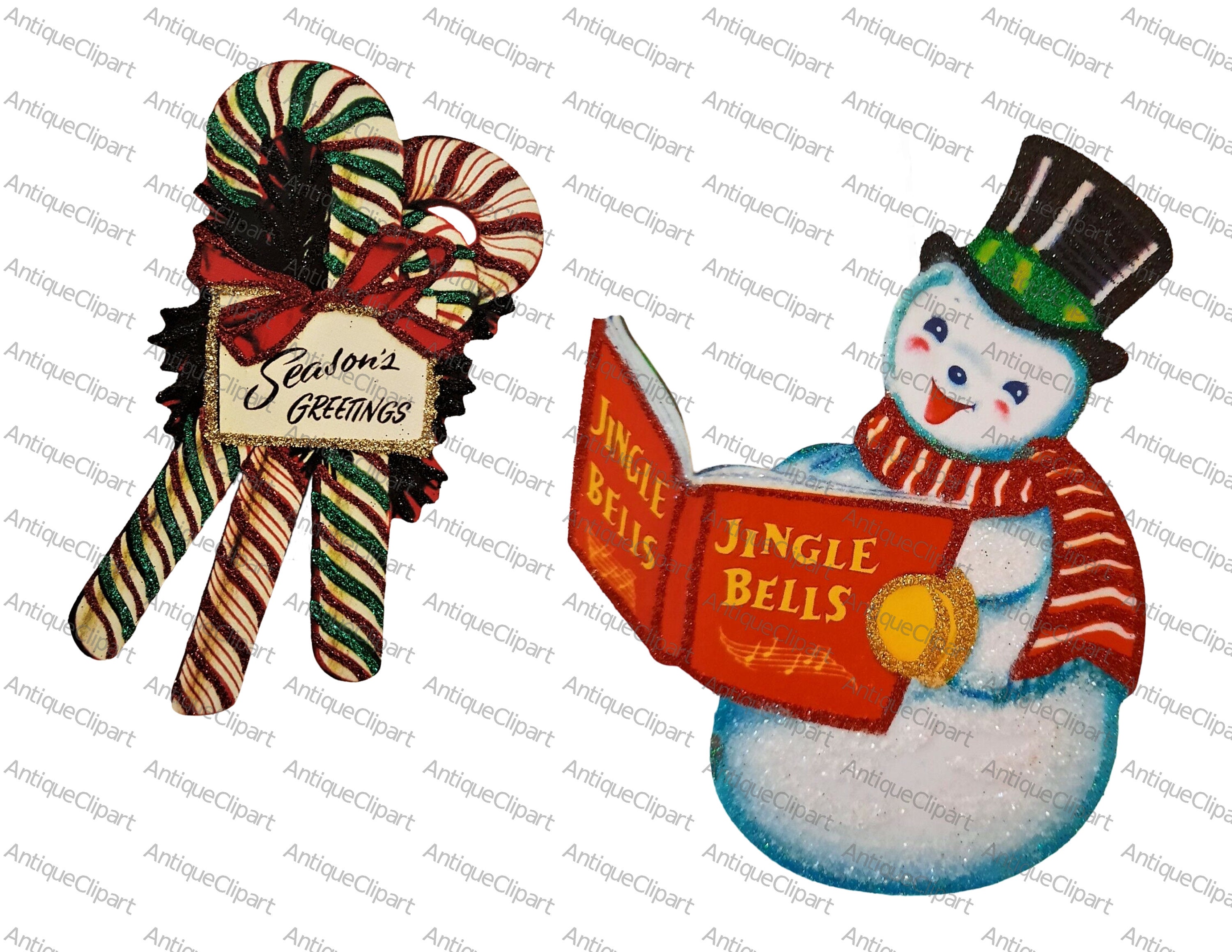 Retro Glitter Candy Cane Snowman PNG Clipart Bundle, Christmas Vintage ...