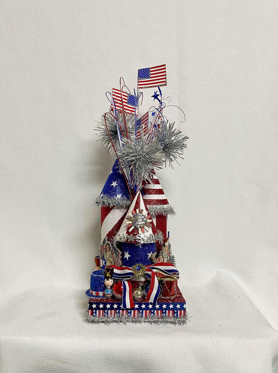 Patriotic Firecracker Centerpiece With Flags, Ornaments, Vintage Wood ...
