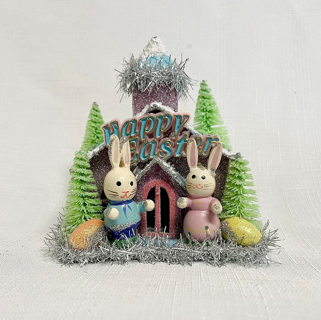 Vintage Easter Putz Glitter Church House: Wood Bunnies & Trees - Etsy