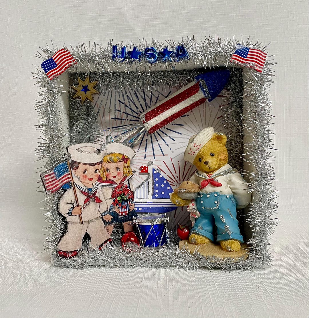 Vintage Patriotic Shadow Box – Cherished Teddy Bear Sailor, 4th of July ...