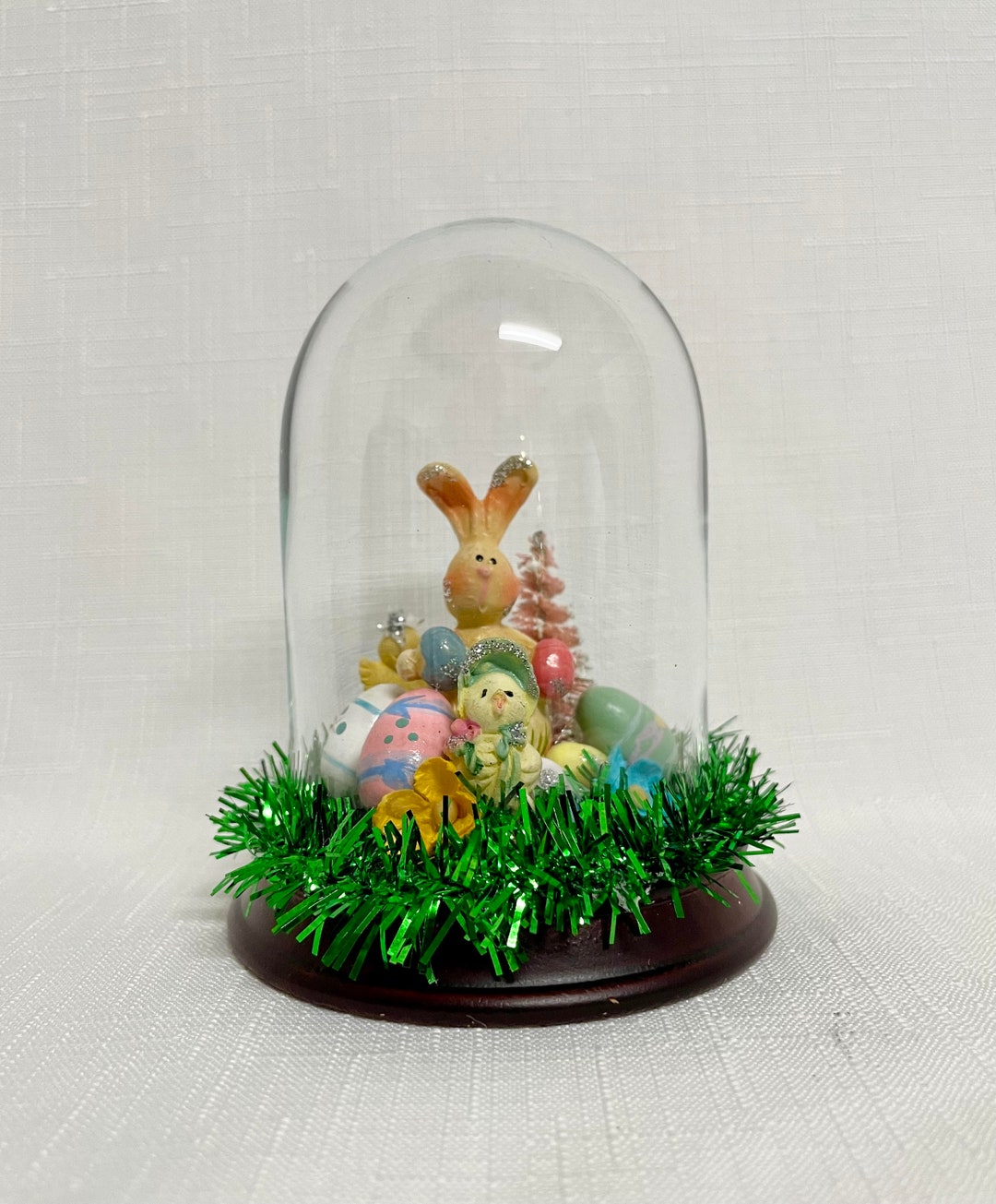 Vintage Easter Glass Dome Diorama – Resin Bunny, Wood Eggs, Tinsel ...