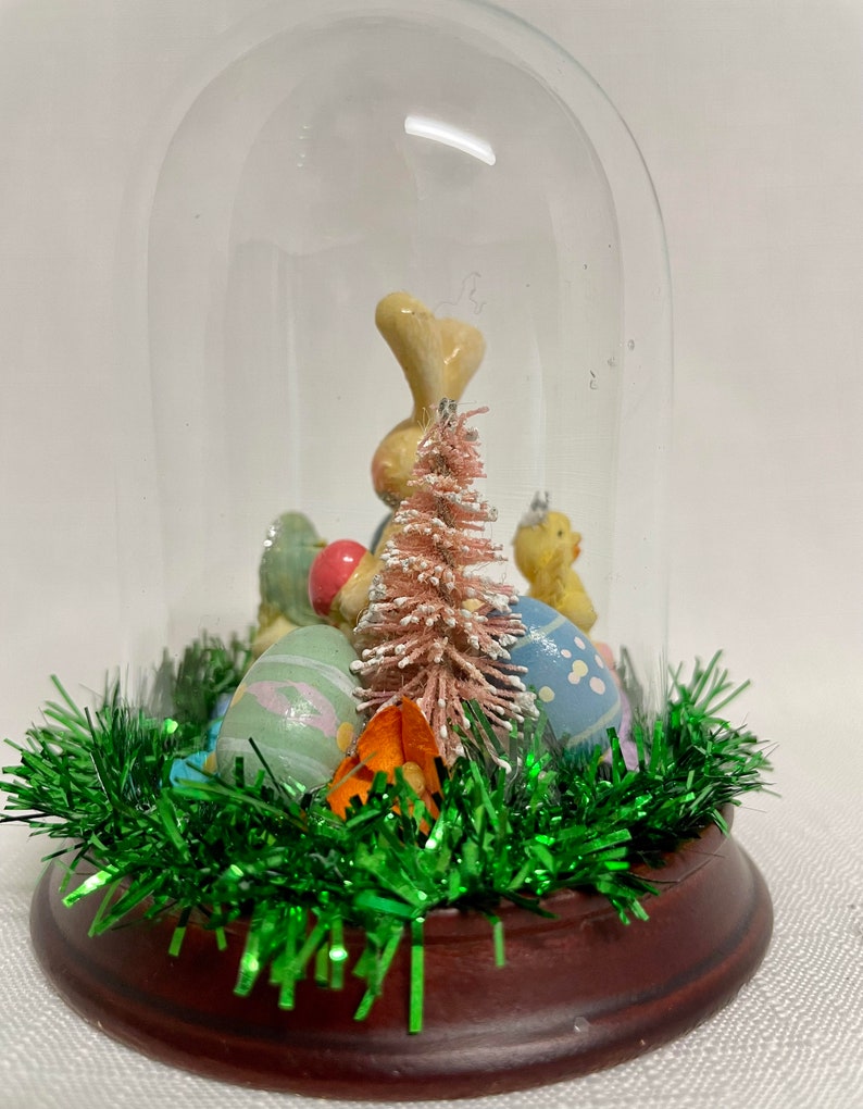 Vintage Easter Glass Dome Diorama – Resin Bunny, Wood Eggs, Tinsel ...