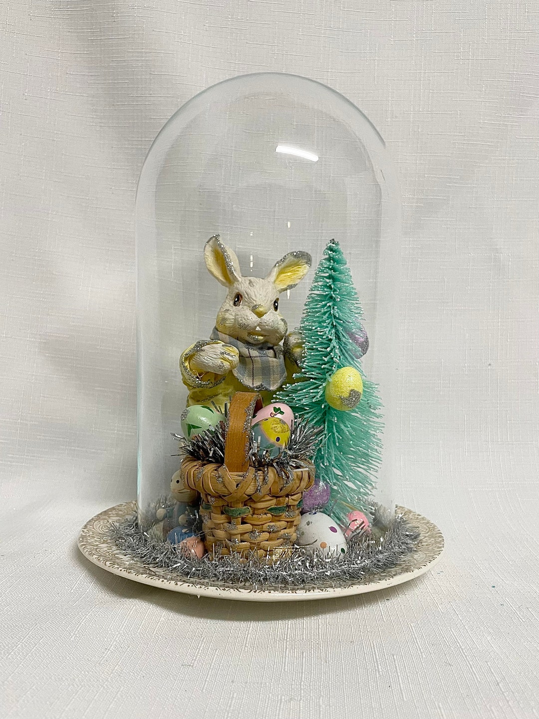 Vintage Glass Dome Easter Bunny With Basket Centerpiece: Clothtique ...