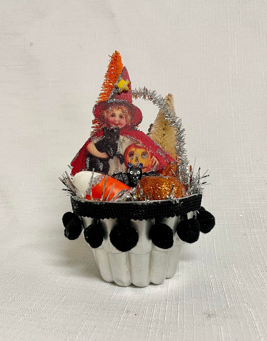 Vintage Halloween Witch and Ghost Metal Tin Centerpiece | Vintage Tin ...