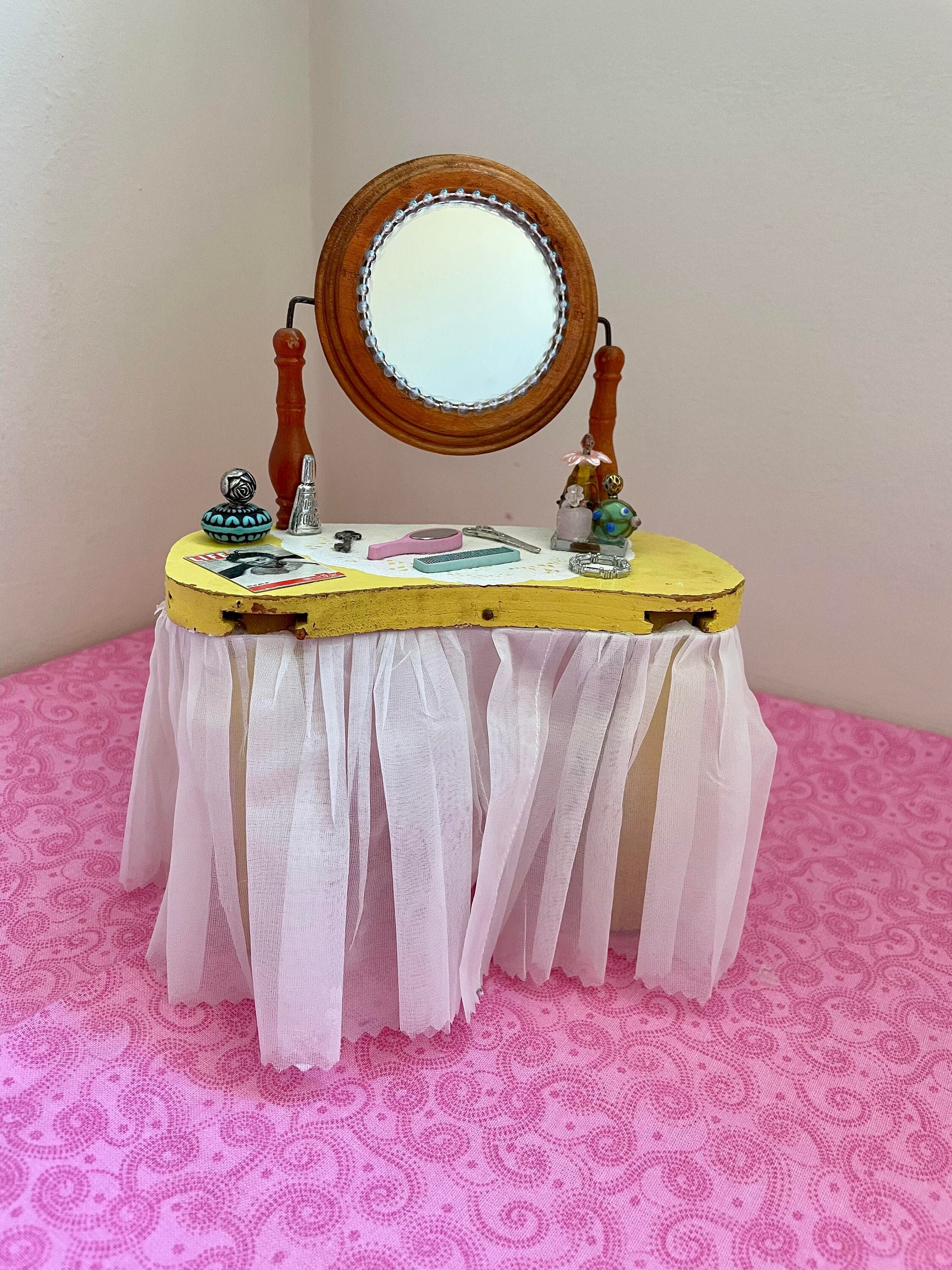 Miniature Antique Vintage Wood Dressing Table Miniature Perfume Bottles Rhinestone Necklace Key Vintage Skirt and Mirror Great Gift Etsy