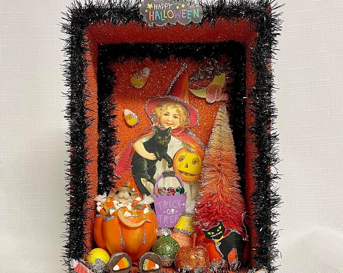 Sweet Candy Corn Mouse in Pumpkin Cart Shadow Box Centerpiece, Vintage ...