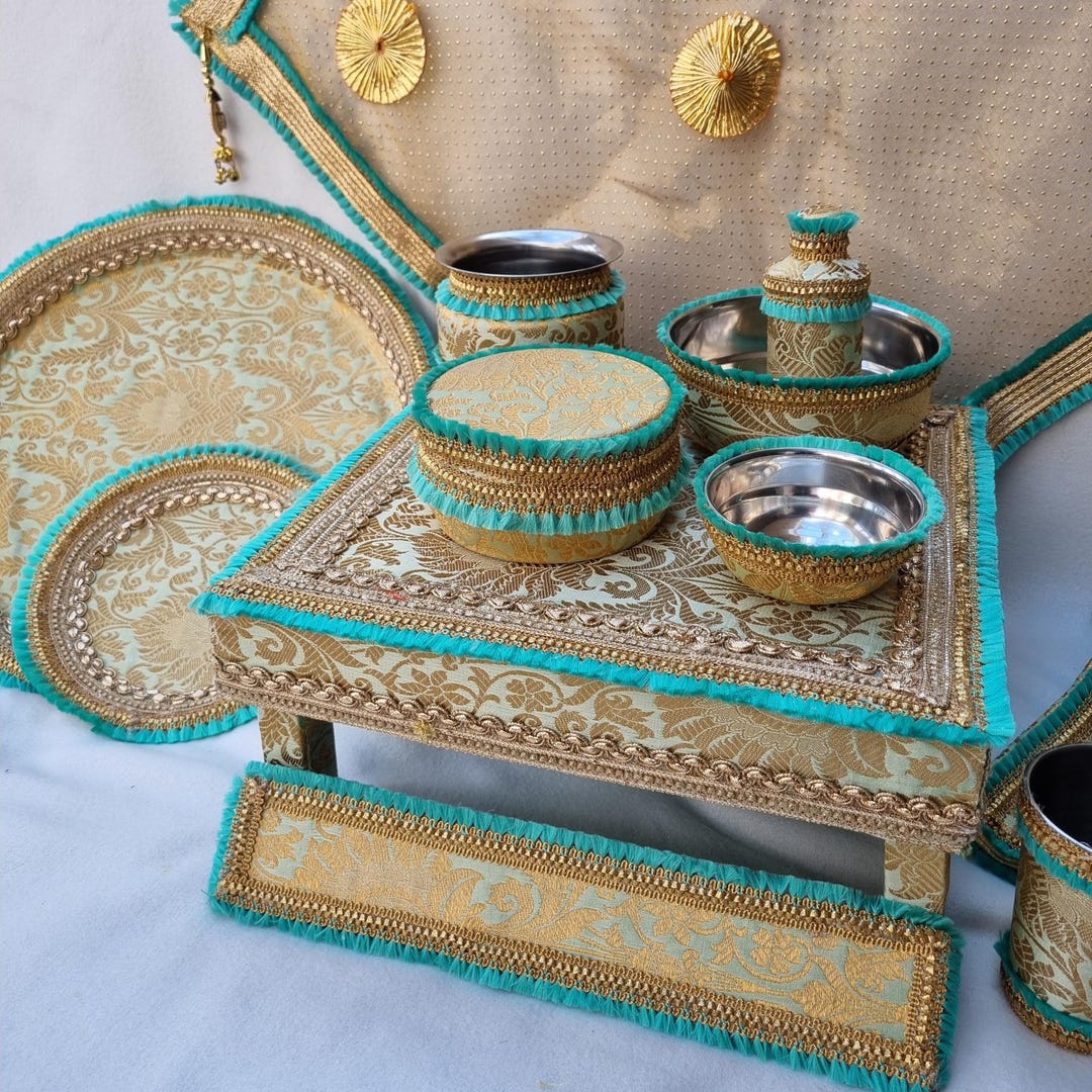 Indian Pooja Thali Set With Chowki – Gold & Blue Wedding Pooja Decor ...