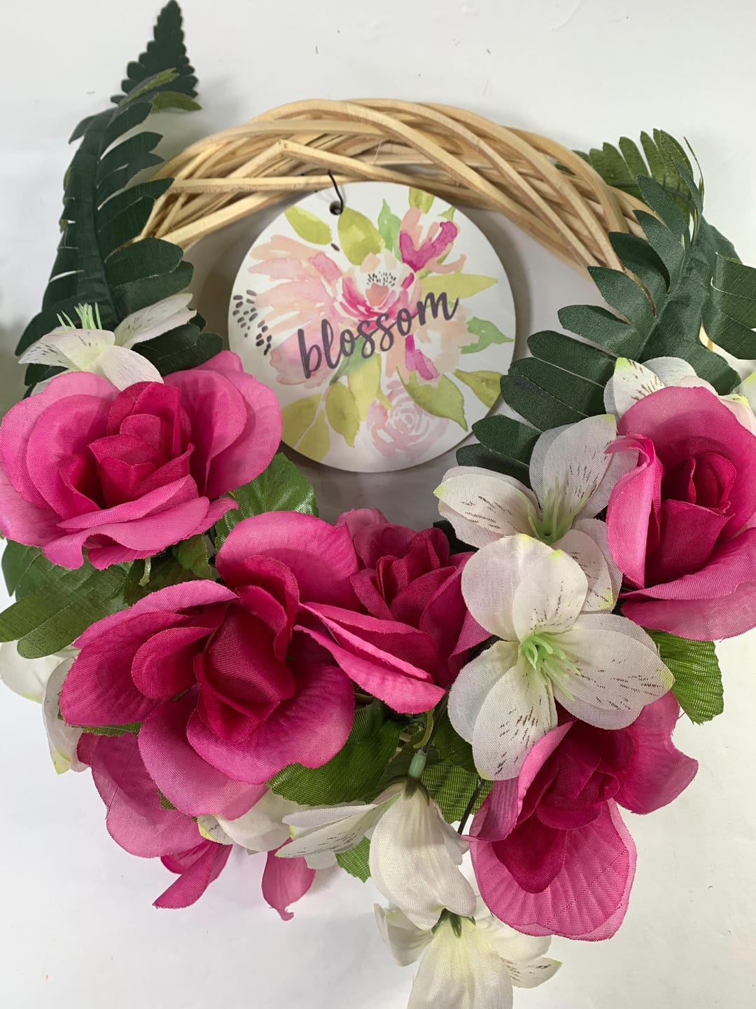 12 Inch Wreath With Flowers and Vines Pink and Cream Colors Roses and ...