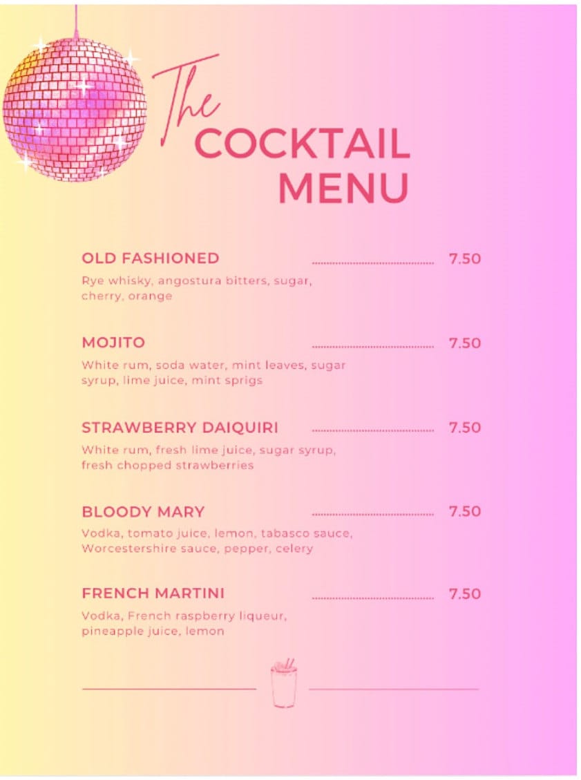 Retro Disco Ball Cocktail Menu Canva Template Instant Download - Etsy