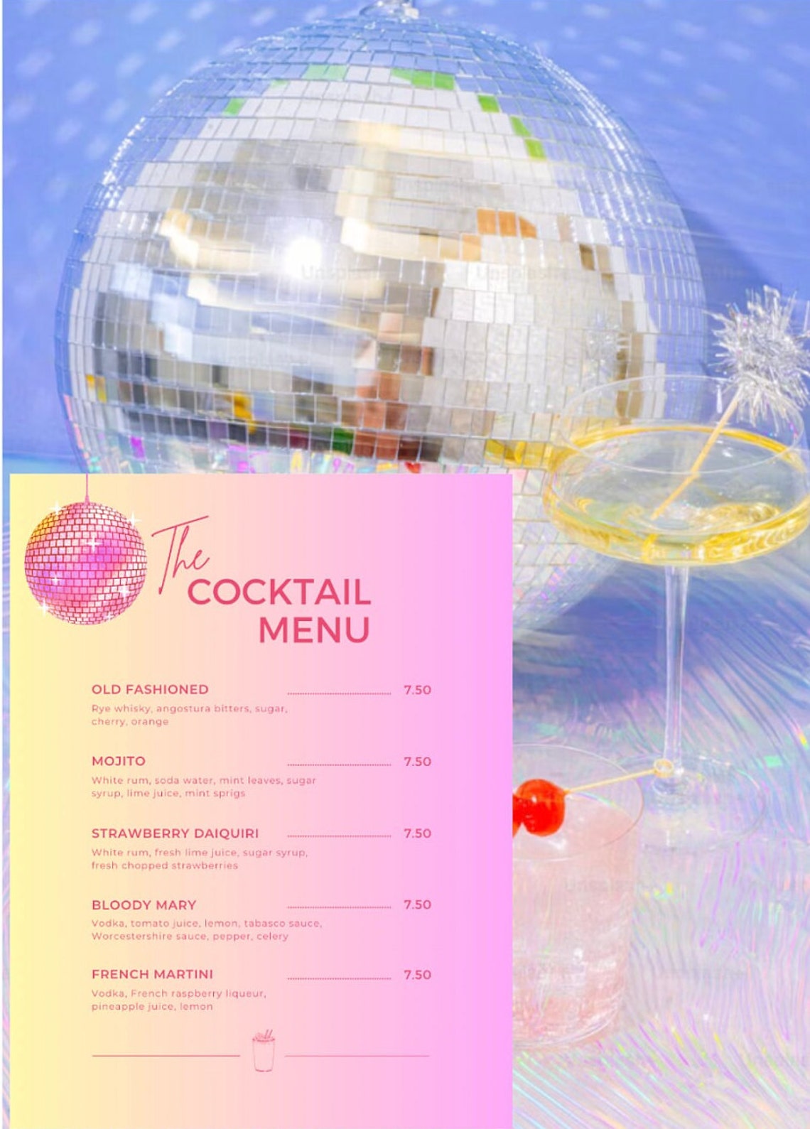 Retro Disco Ball Cocktail Menu Canva Template Instant Download - Etsy