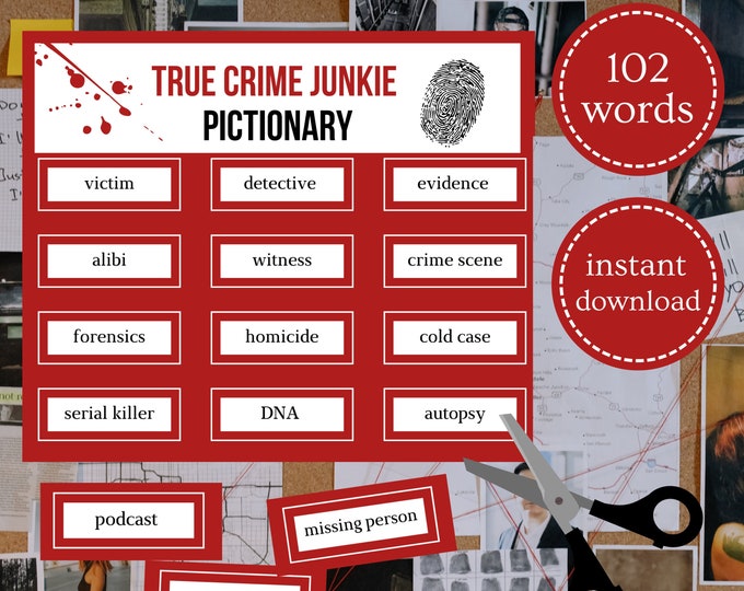 True Crime Junkie Pictionary // Crime Murder Mystery Party Game // True ...