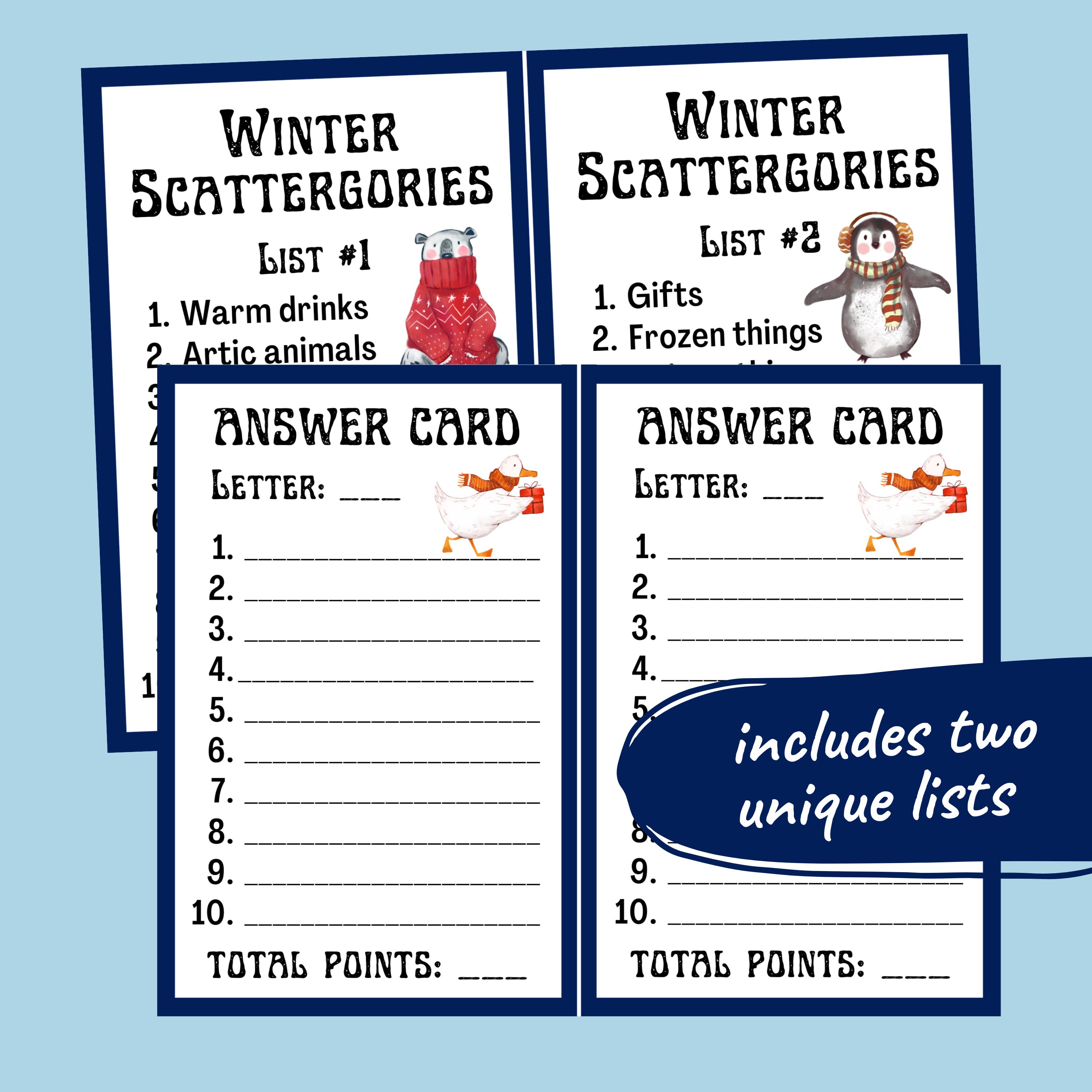Winter Scattergories // Printable Party Game // Christmas Game - Etsy