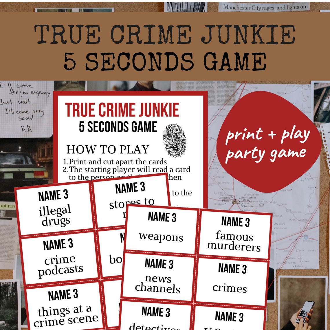 True Crime Junkie 5 Seconds Game // Printable Party Game // - Etsy