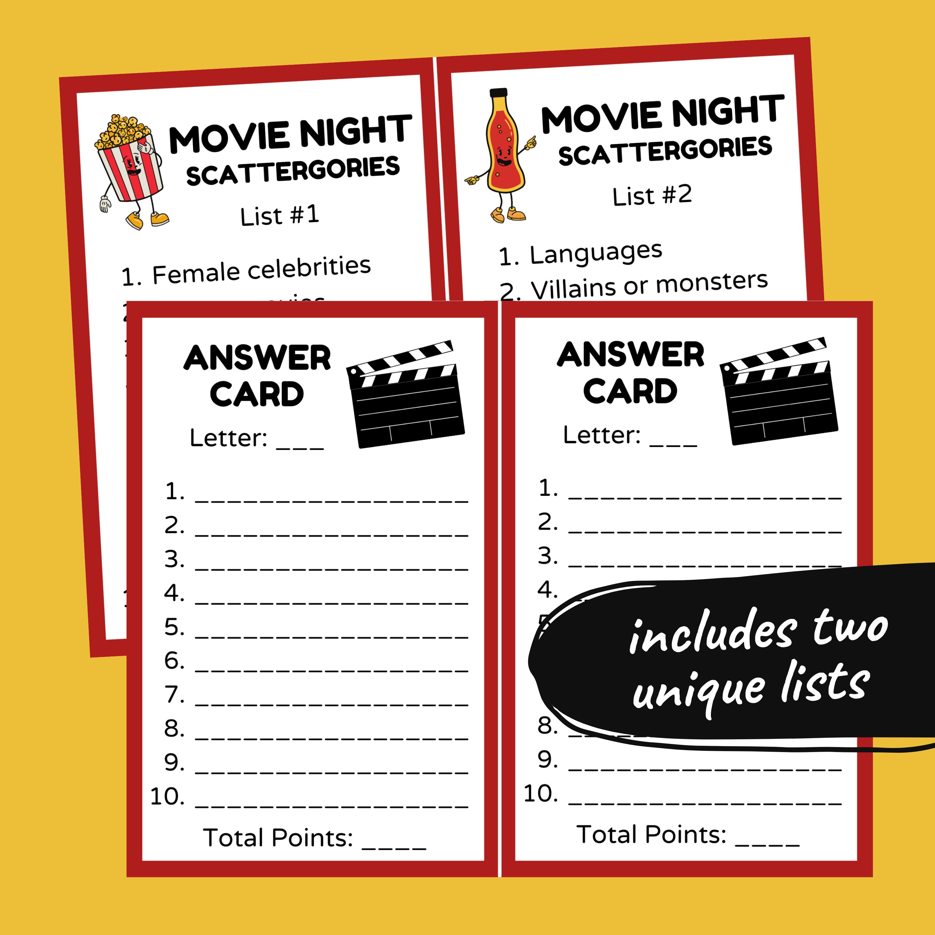 Movie Night Scattergories // Printable Birthday Party Game // Family ...