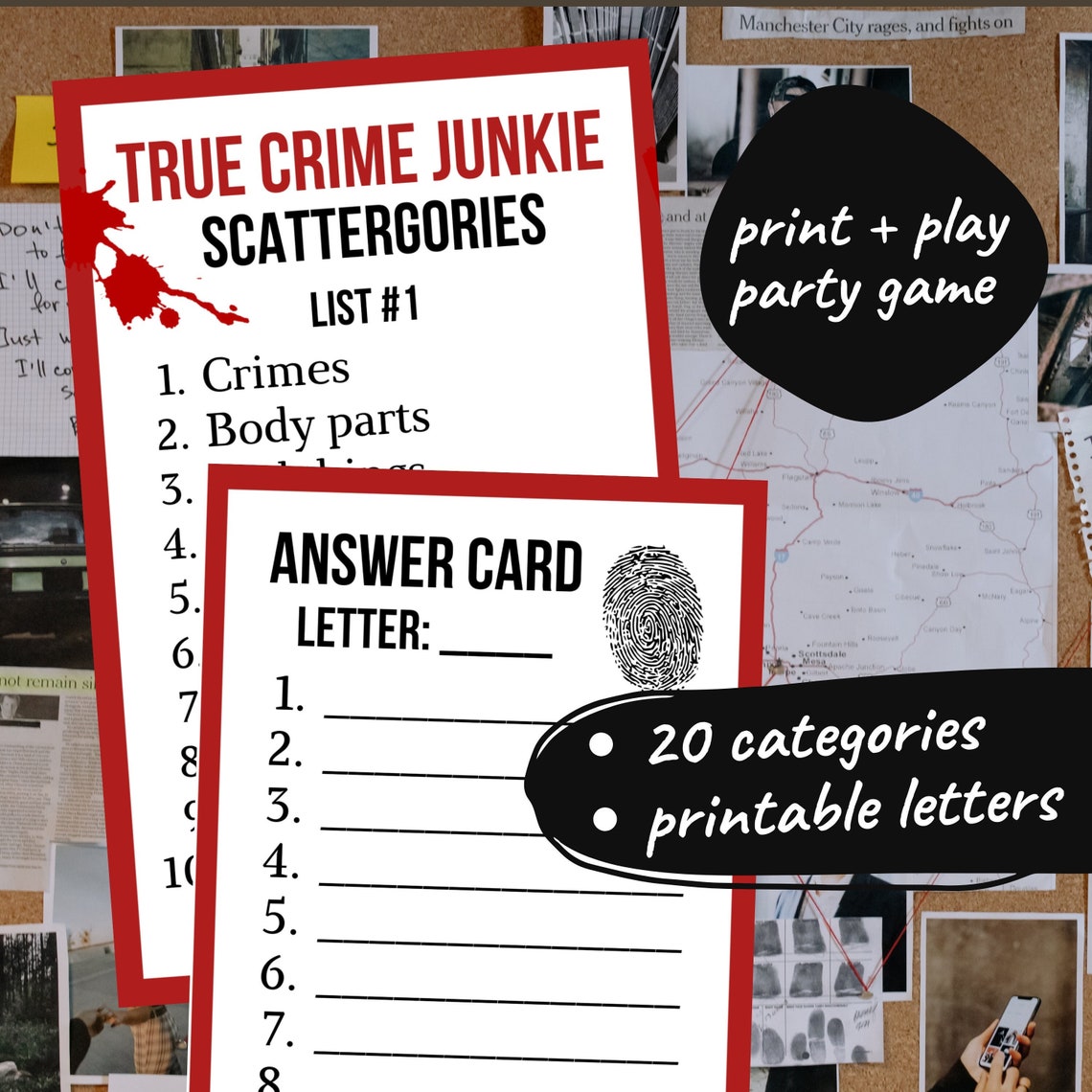 True Crime Junkie Scattergories // Crime Murder Mystery Party Game ...