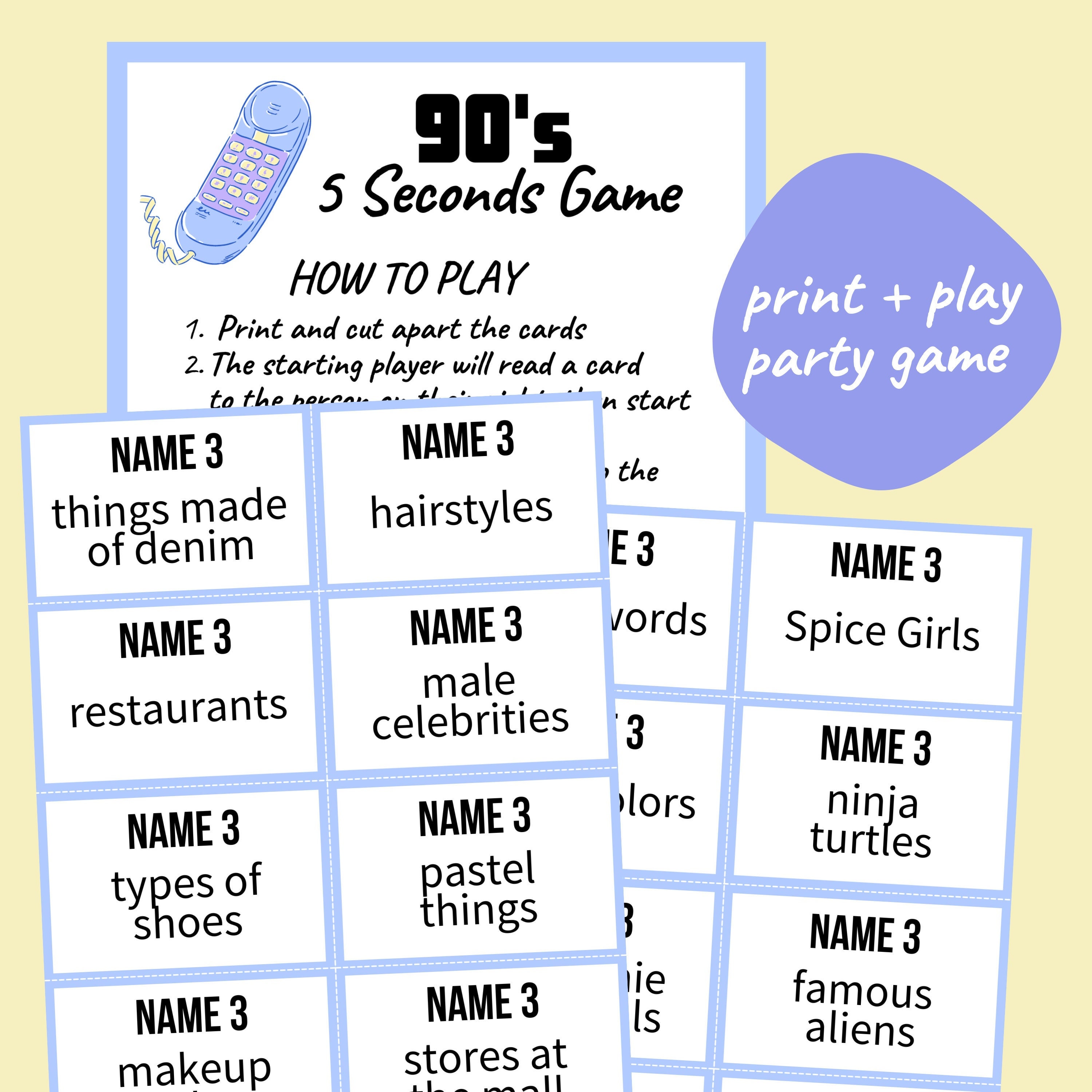 90's Theme 5 Seconds Game // Printable Birthday Party Game // Decade ...