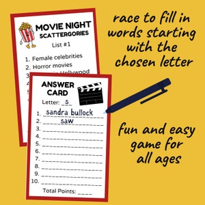 Movie Night Scattergories // Printable Birthday Party Game // Family ...
