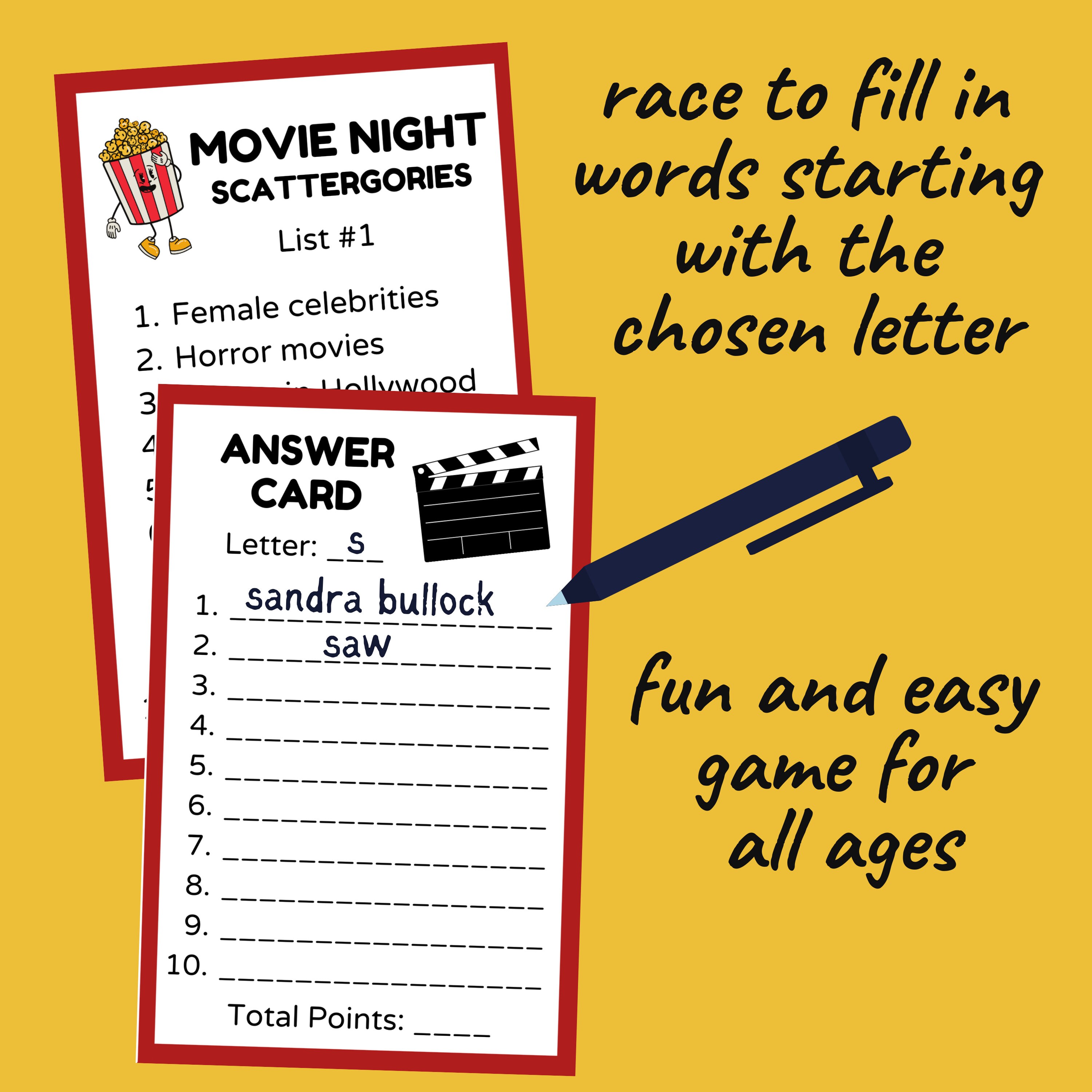 Movie Night Scattergories // Printable Birthday Party Game // Family ...
