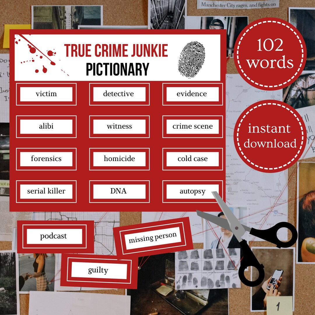 True Crime Junkie Pictionary // Crime Murder Mystery Party Game // True ...