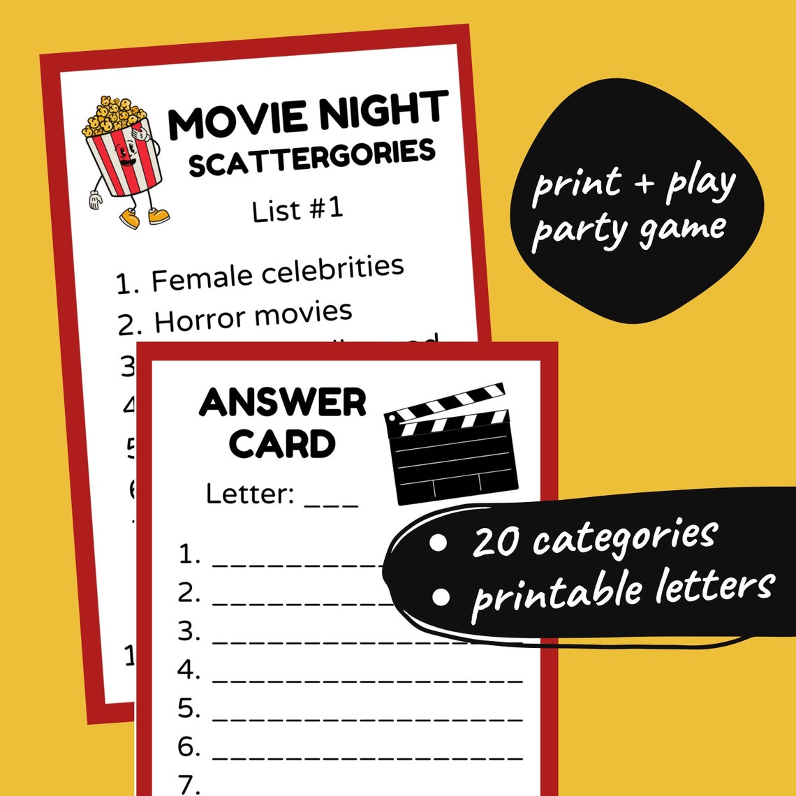 Movie Night Scattergories // Printable Birthday Party Game // - Etsy