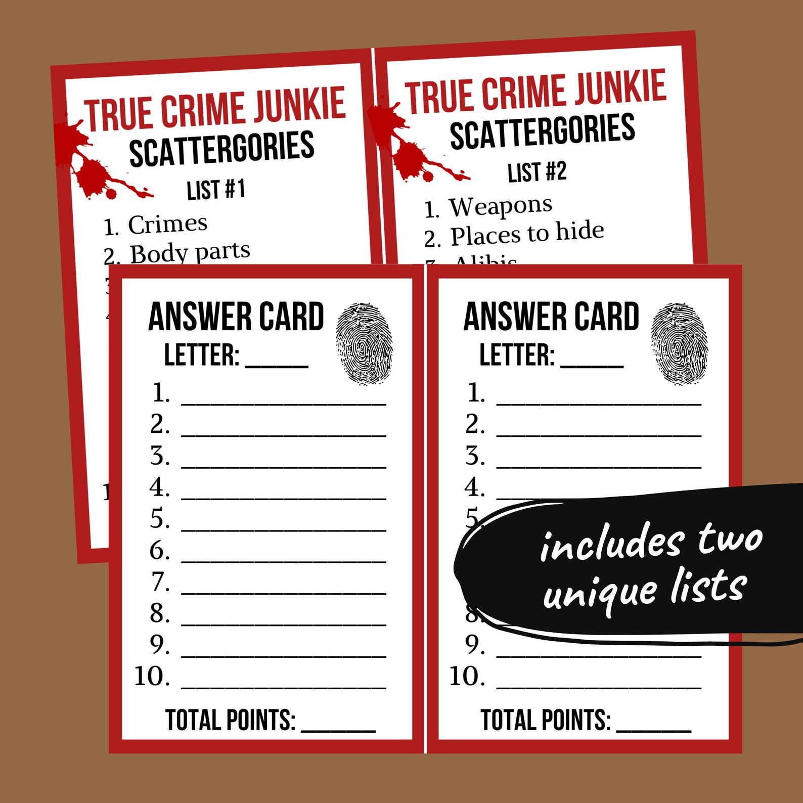 True Crime Junkie Scattergories // Crime Murder Mystery Party Game ...