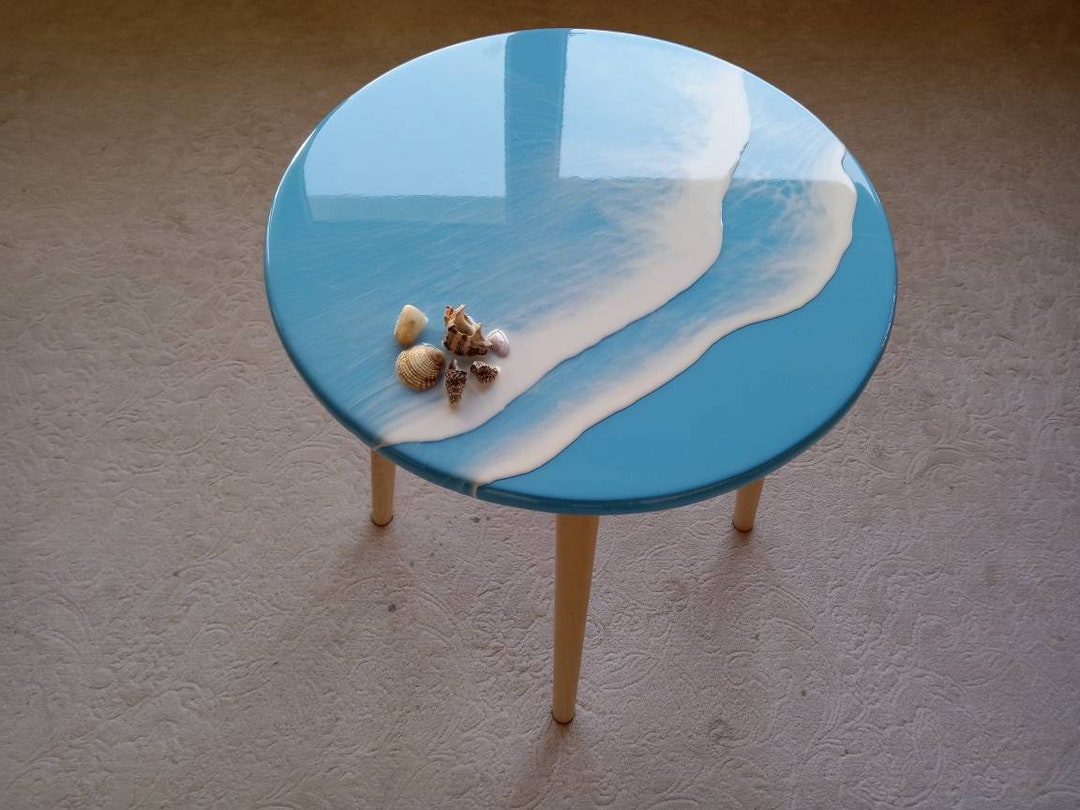 Round Resin Coastal Ocean Beach Side End Table, Unique Wooden Natural ...