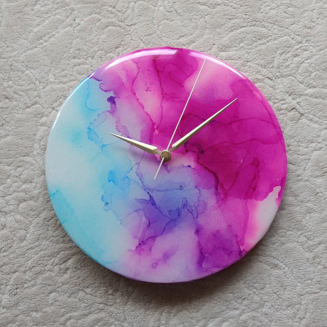Pink Blue Abstract Resin Art Wall Clock, Unique Office Living Room ...