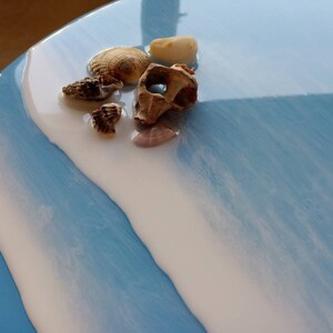 Beach House Blue Ocean Wave Side Coffee Table, Round Natural Wooden ...