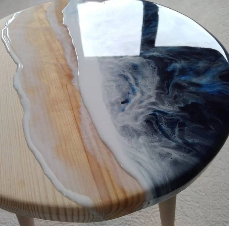 Round Ocean Wave Resin Side Coffee Table Unique Wood Bedside - Etsy