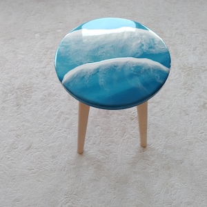 Round Small Resin Ocean Wave Coffee Table, Modern Blue Wooden Wood Side ...