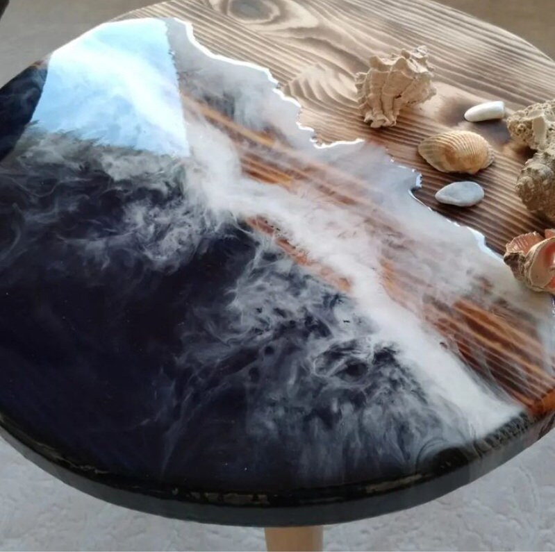 Round Small Ocean Resin Side Tables Unique Green Wood Beach - Etsy