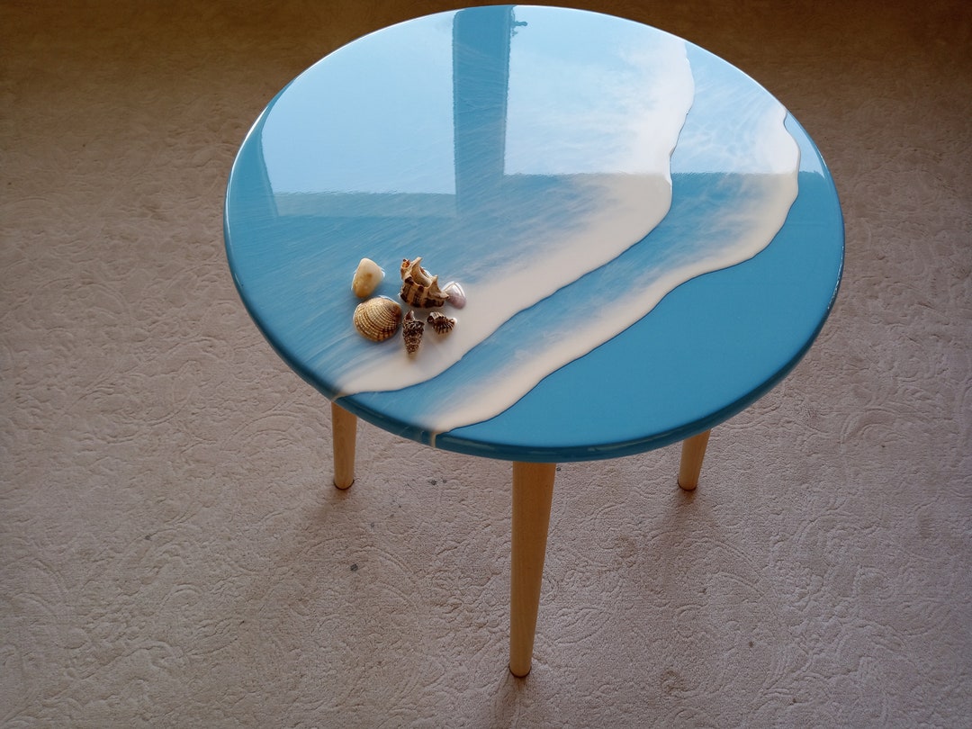 Beach House Blue Ocean Wave Side Coffee Table Round Natural - Etsy