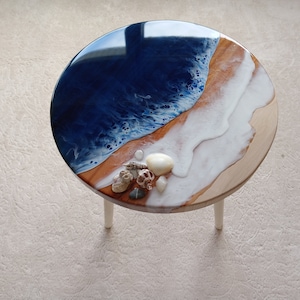 Round Resin Ocean Wave Natural Table, Beach Art Design Modern Small ...