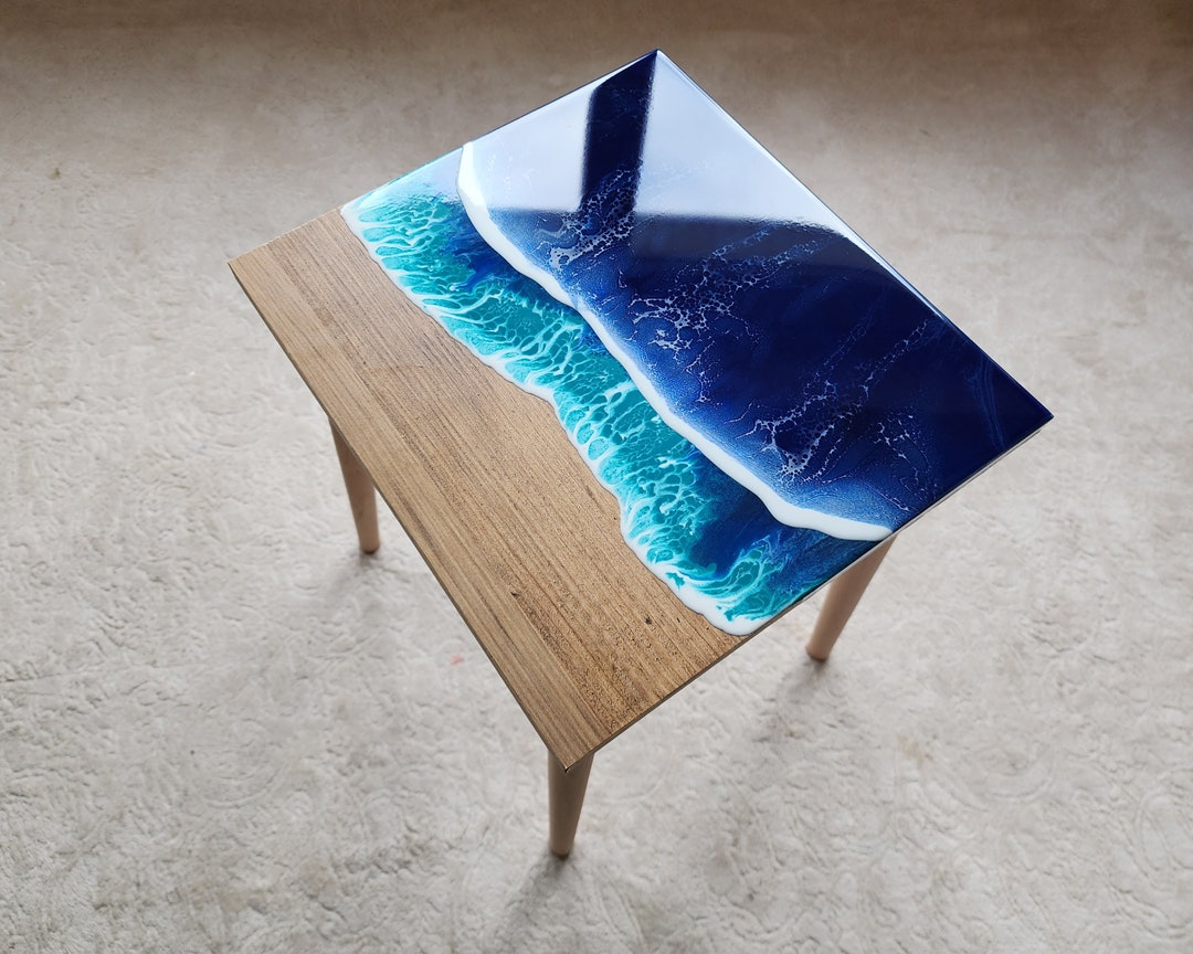 Small Natural Ocean Wave Side End Resin Coffee Table, Beach House Decor ...