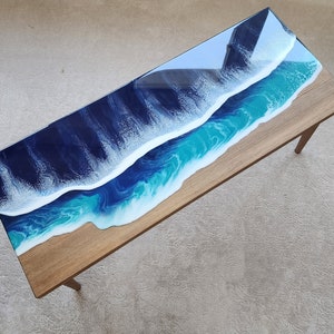 Natural Ocean Wave Blue Resin Beach Side Table, Wooden Sea Themed ...