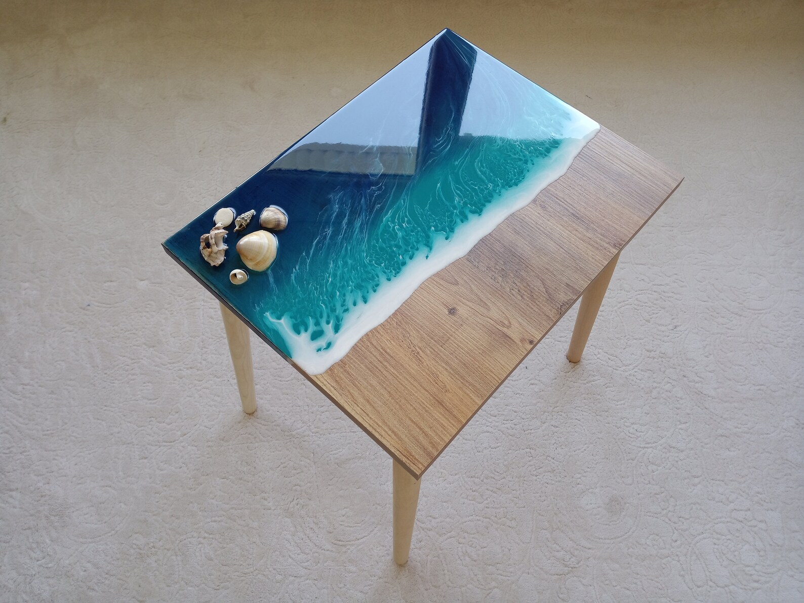 Wooden Cute Ocean Wave Side End Resin Coffee Table,nautical Beachy Home ...